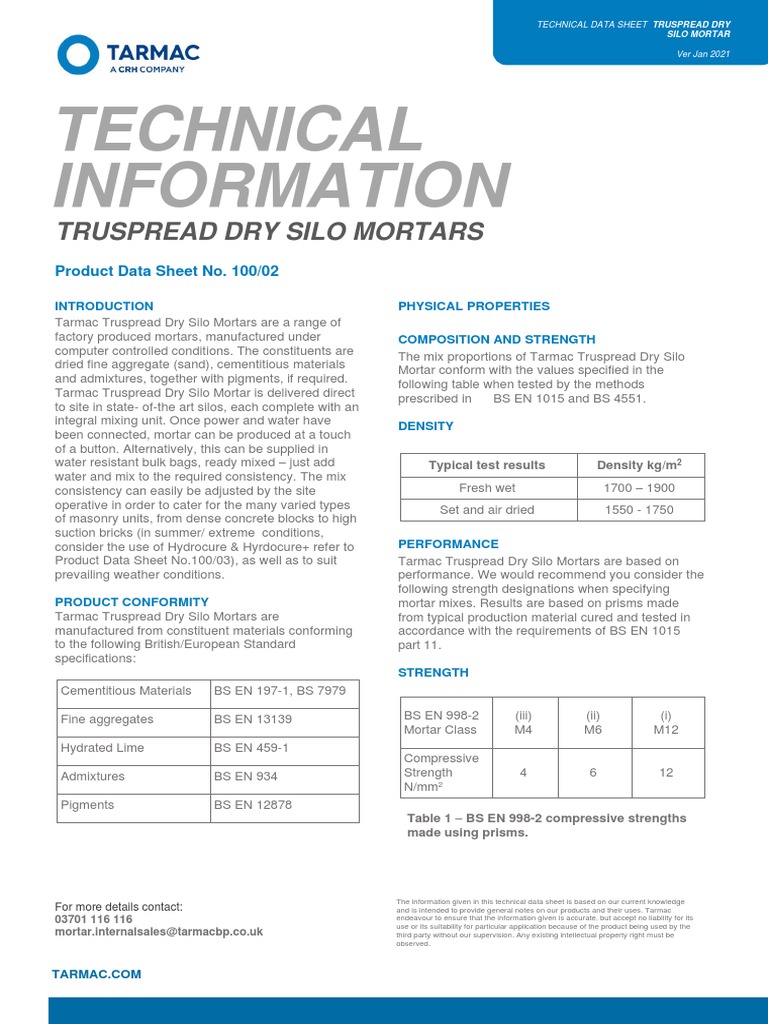 Tarmac Truspread Dry Silo Mortar Data | PDF | Concrete | Mortar (Masonry)