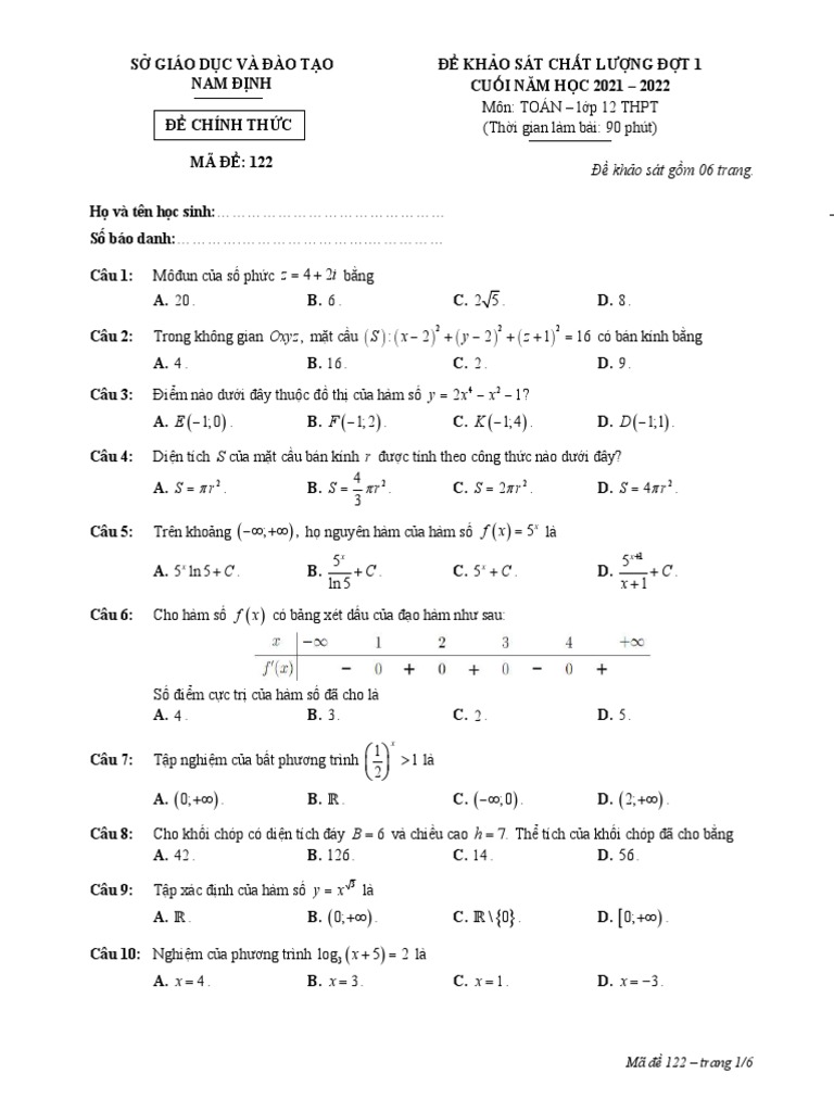 De Thi Thu THPT QG 2022 Mon Toan So Nam Dinh Lan 1 | PDF