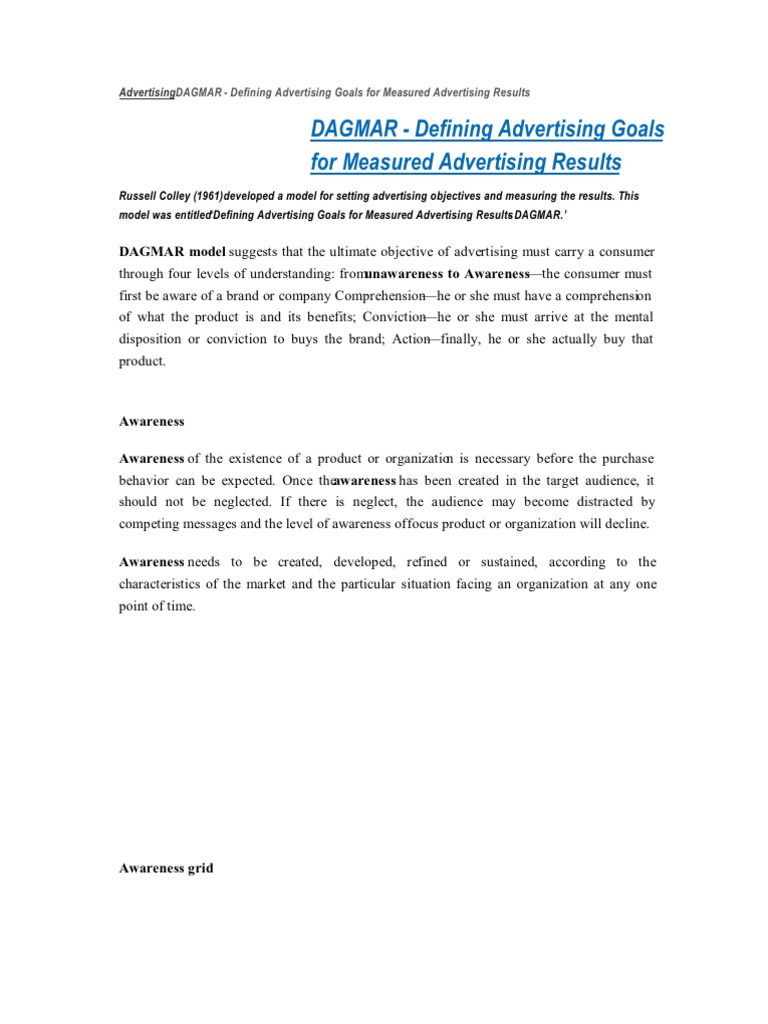 DAGMAR Model Defines 4 Levels of Advertising Objectives | PDF