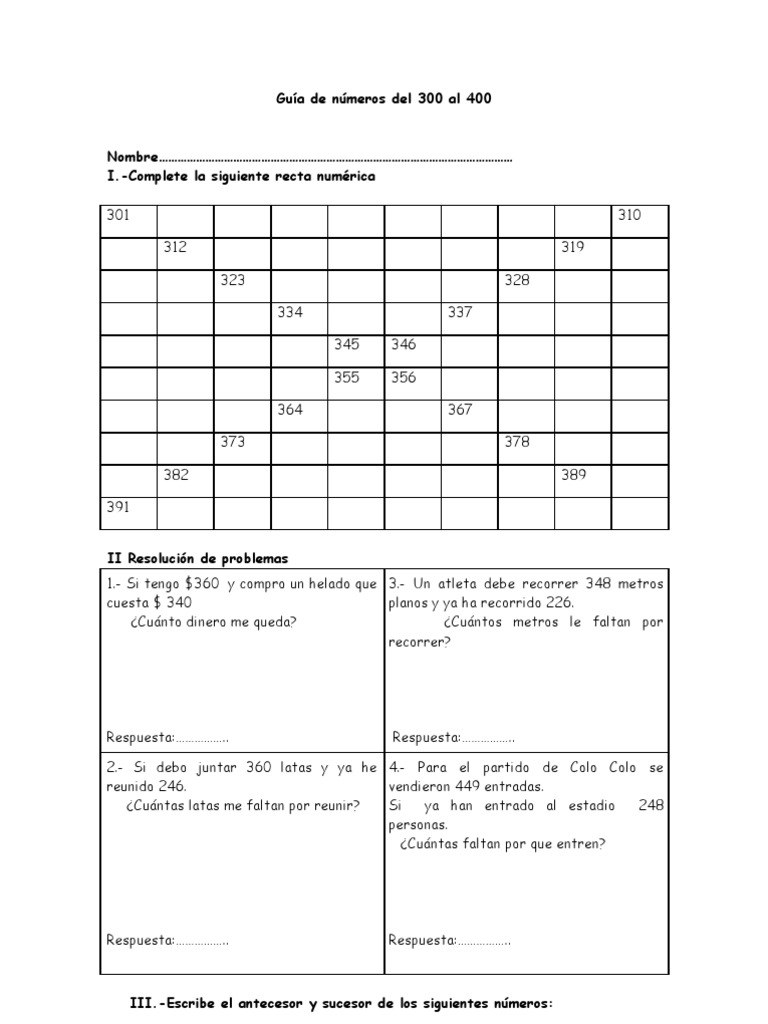 Actividades de Números del 300 al 400 | PDF | Deportes