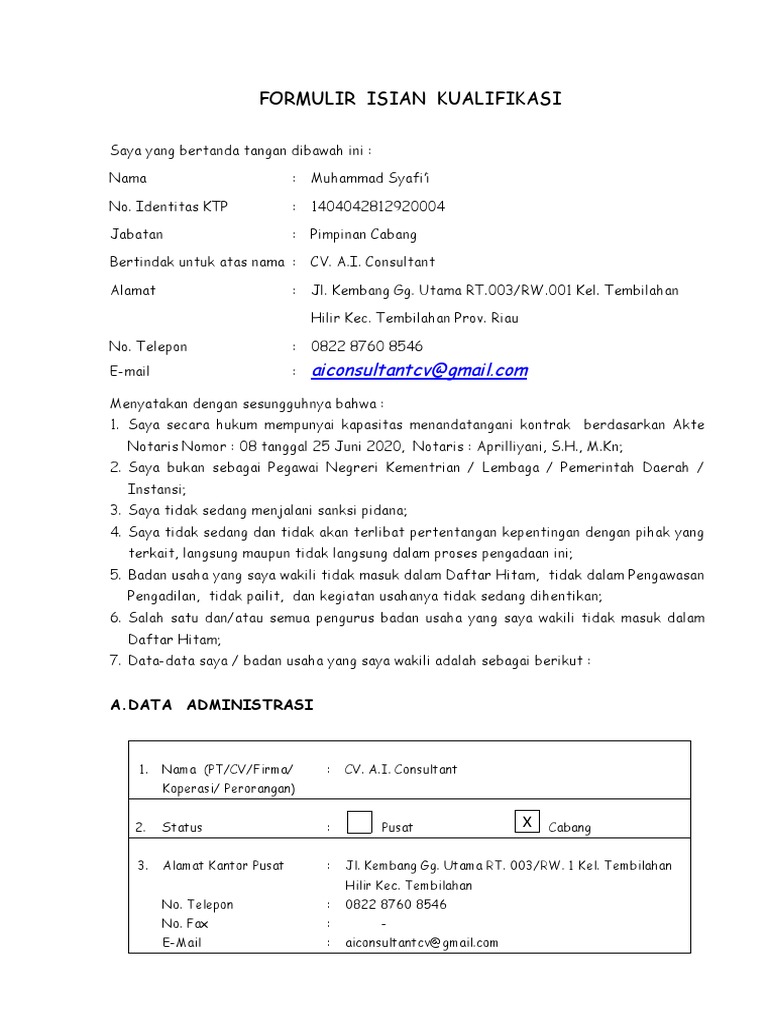 Formulir Isian Kualifikasi CV. A.I Consultant | PDF