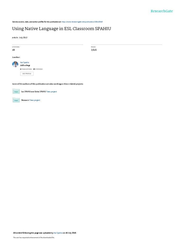 Using Native Language in ESL Classroom B | PDF | English As A Second Or ...
