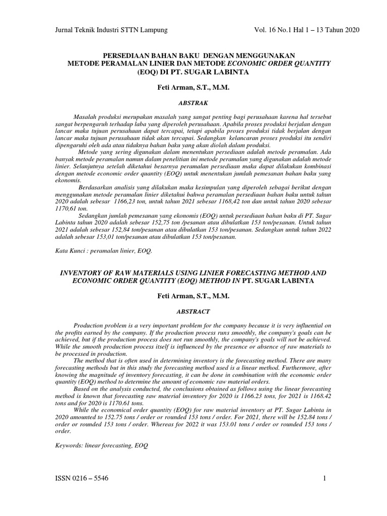 Persediaan Bahan Baku Dengan Menggunakan Metode Peramalan Linier Dan ...