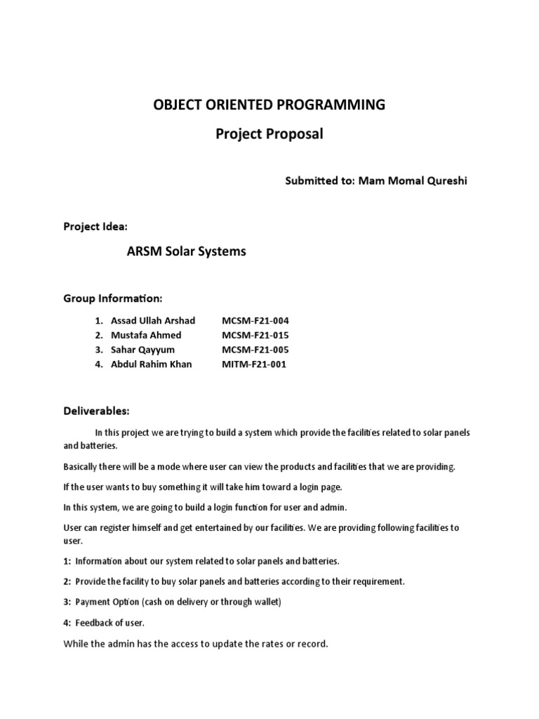 Object Oriented Programming Project Proposal: ARSM Solar Systems | PDF | Technology & Engineering