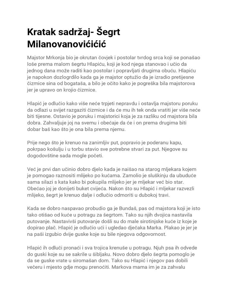 Šegrt Hlapić-Kratak Sadržaj | PDF