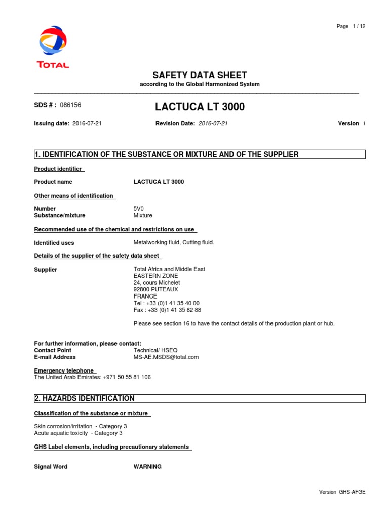 Lactuca LT 3000: Safety Data Sheet | PDF | Personal Protective ...