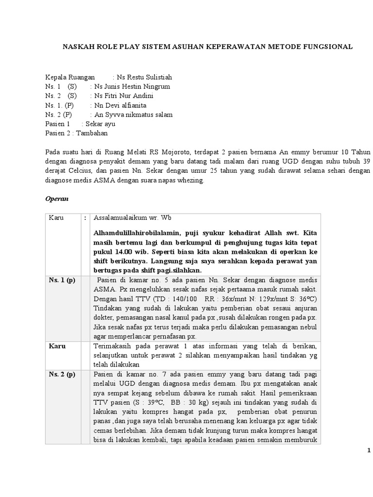 Naskah Role Play Sistem Asuhan Keperawatan Metode Fungsional 1 | PDF