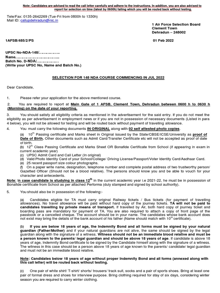 Call Up Letter 1 Afsb Dehradun For Nda 148 Course | PDF | Identity ...