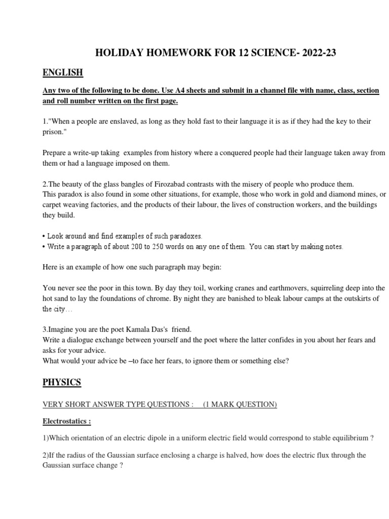 Holiday Homework For 12 Science-2022-23: English | PDF | Optics ...