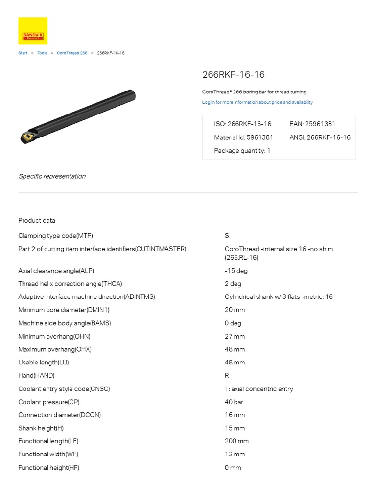 266RKF-16-16 Internal Threading Bar For 16 MM Insert SANDVIK | PDF ...