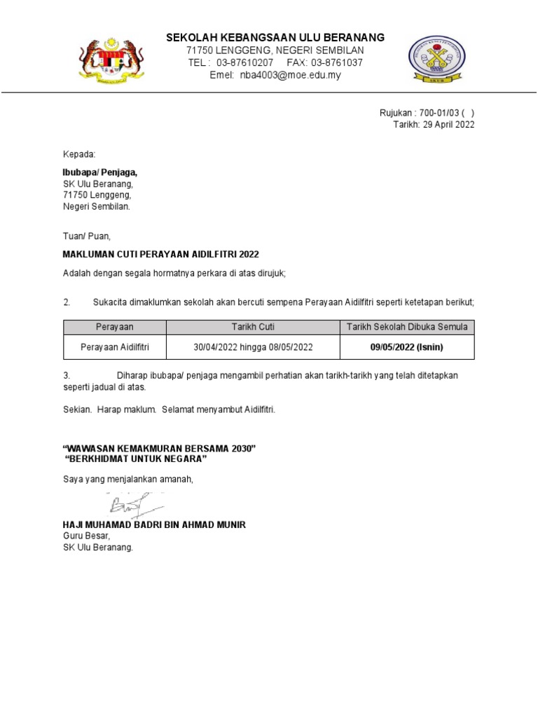 Surat Makluman Cuti Raya Aidilfitri | PDF