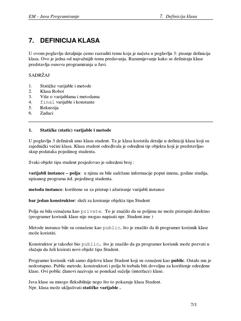 EM - Java Programiranje 7. Definicija Klasa | PDF