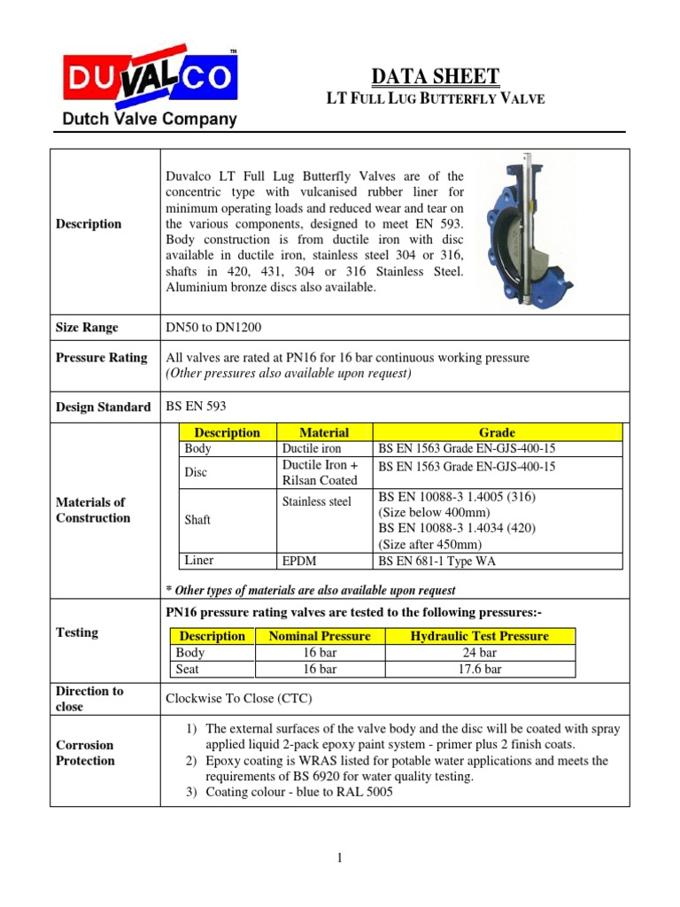 Duvalco LT Full Lug Butterfly Valve Data | PDF | Valve | Sheet Metal