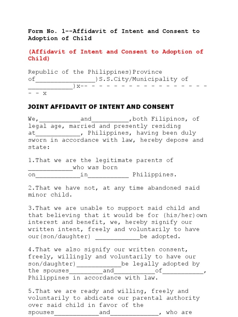Affidavit of Intent and Consent To Adoption of Child | PDF | Affidavit ...