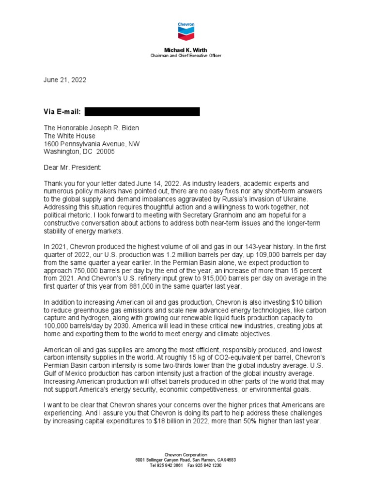 Chevron Letter To POTUS | PDF | Chevron Corporation | The United States