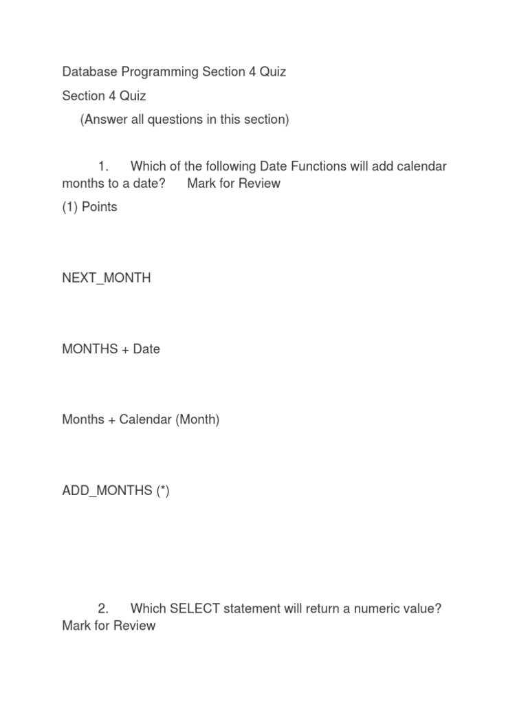 Database Programming Section 4 Quiz | PDF | Computing | Software