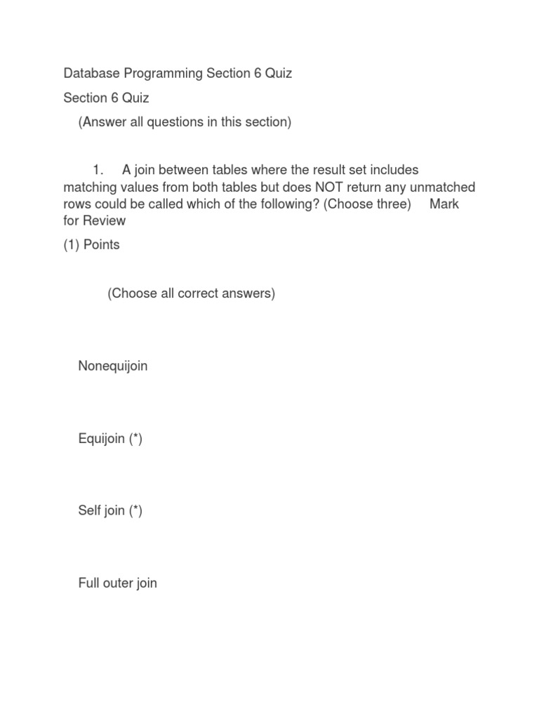 Database Programming Section 6 Quiz | Download Free PDF | Information Retrieval | Sql