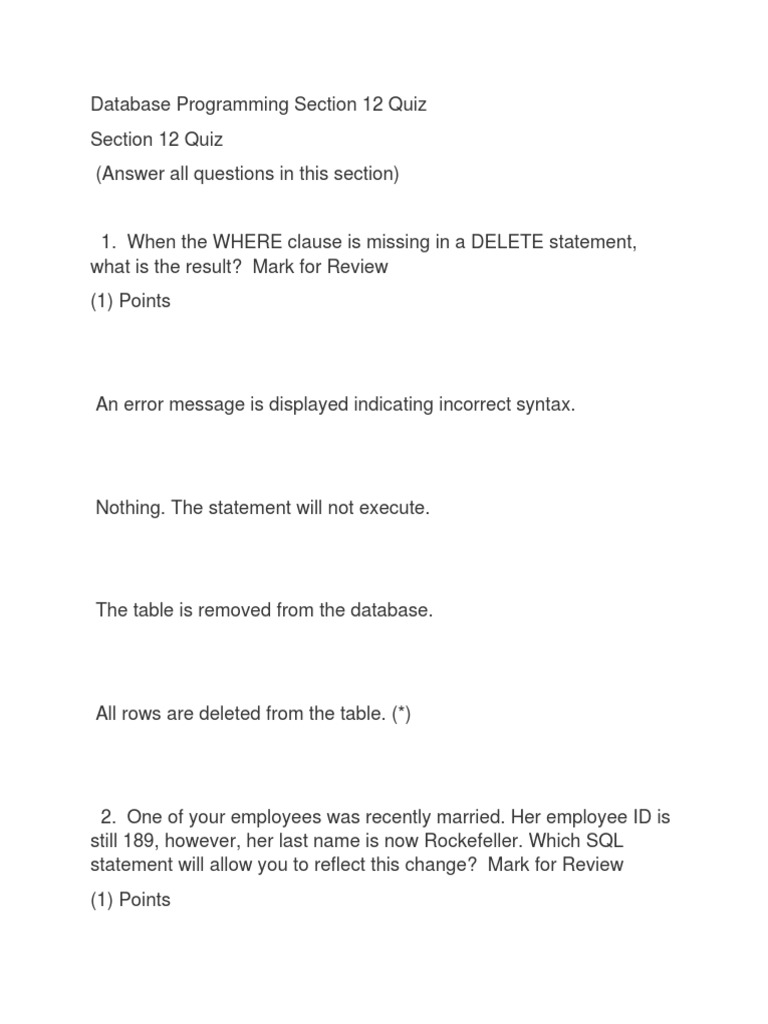 Database Programming Section 12 Quiz | PDF | Computer Science | Software Engineering