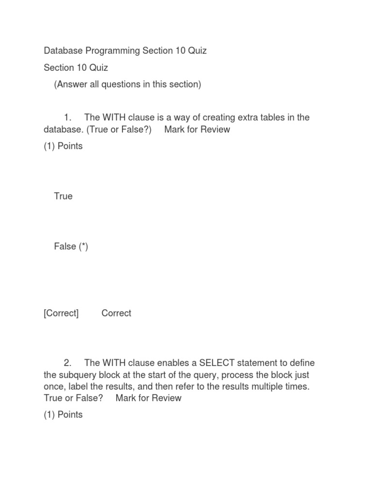 Database Programming Section 10 Quiz | PDF | Computing | Information Science