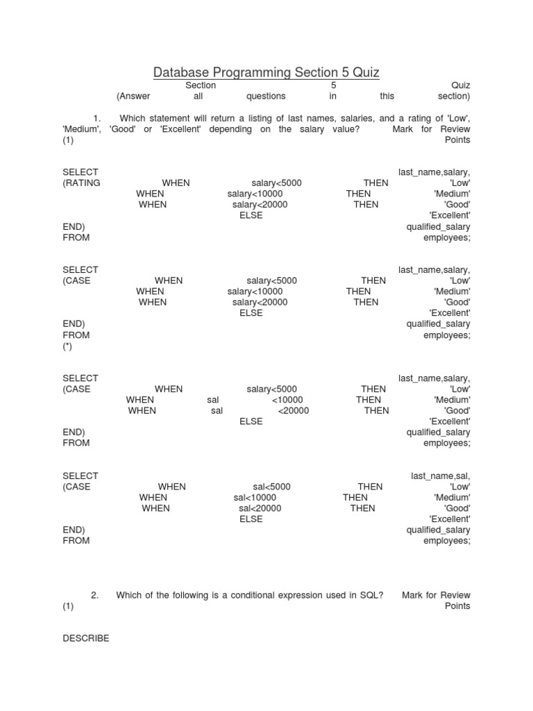 Database Programming Section 5 Quiz | PDF | Computer Science | Sql Database Programming Section 5 Quiz | PDF | Computer Science | Sql