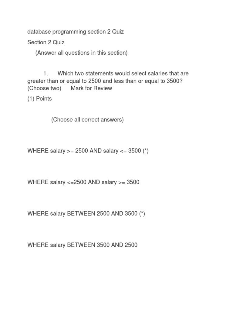 Database Programming Section 2 Quiz Pdf Computer Programming Computing