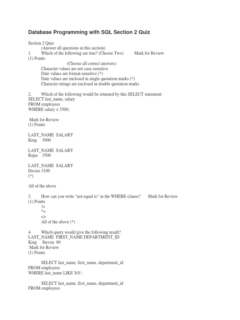 Database Programming With SQL Section 2 Quiz | PDF | Computer Programming | Computing