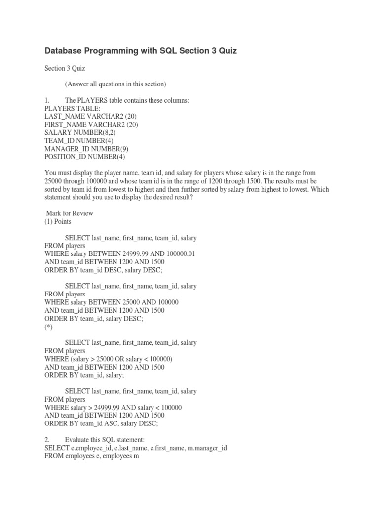 Database Programming With SQL Section 3 Quiz | PDF | Software Engineering | Information ...