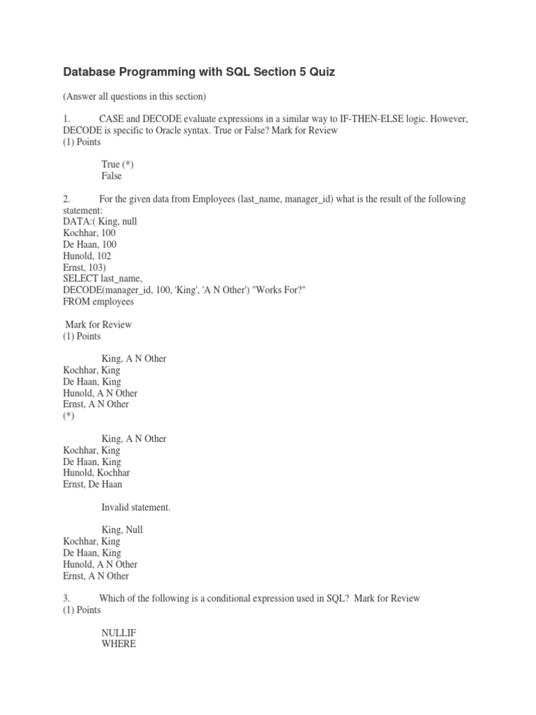 Database Programming With SQL Section 5 Quiz | PDF | Information Technology Management | Databases