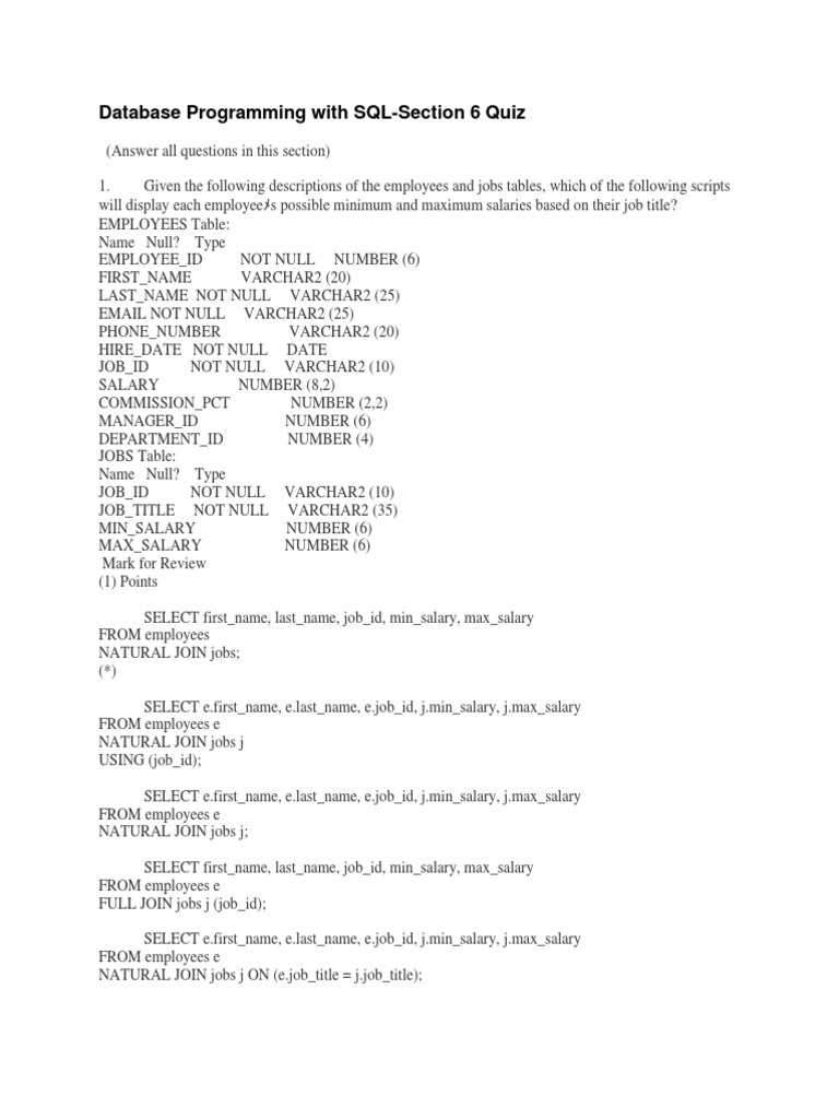 Database Programming With SQL Section 6 Quiz | Download Free PDF | Data ...