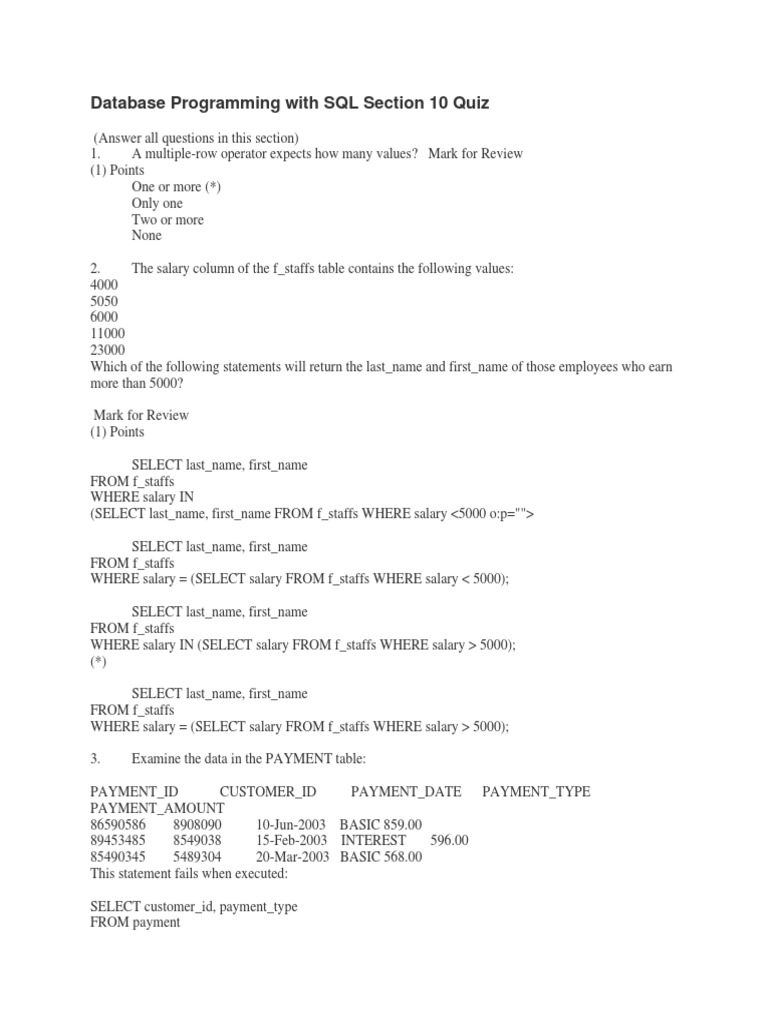 Database Programming With Sql Section 10 Quiz Pdf Databases Data Management 
