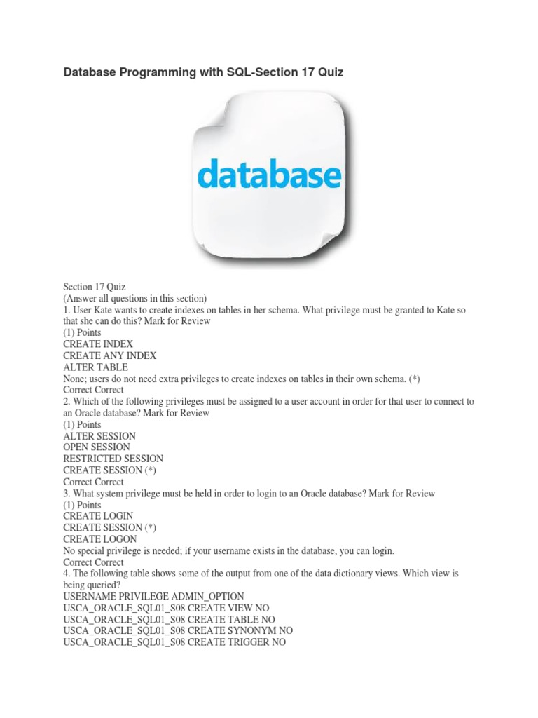 Database Programming With SQL Section 17 Quiz | PDF | Databases | Database Schema