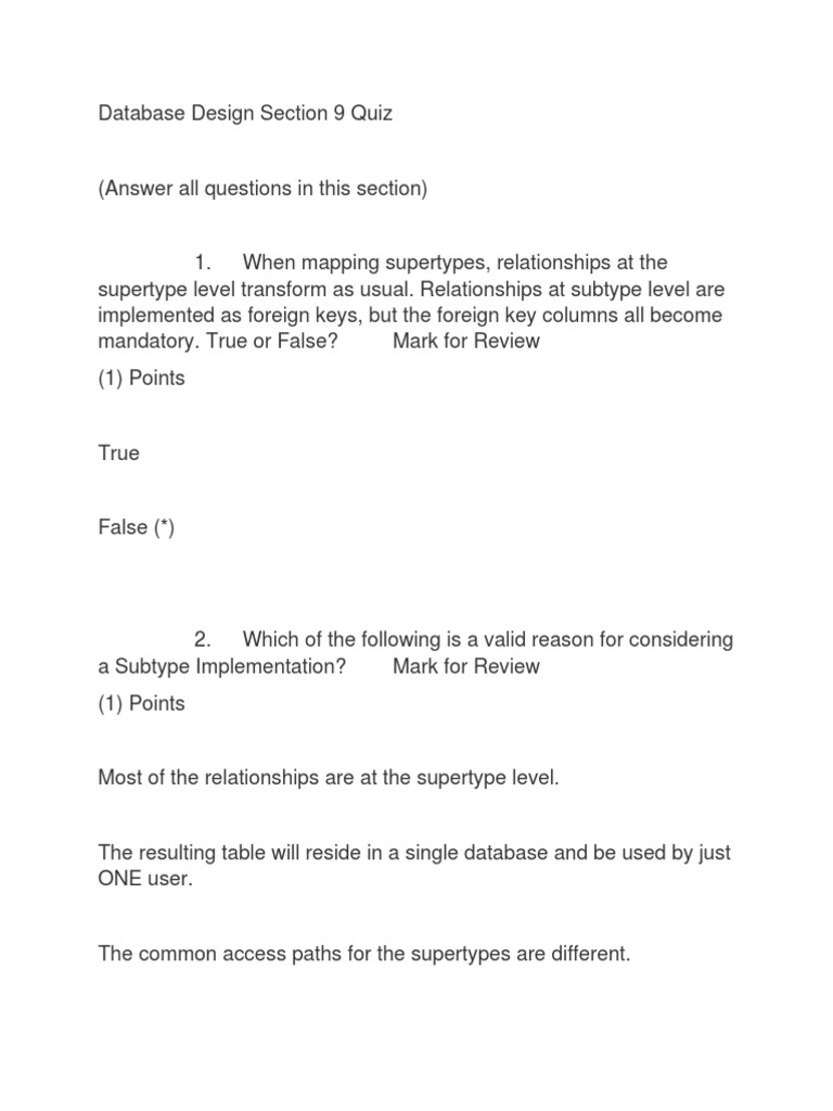 Database Design Section 9 Quiz | PDF | Relational Database | Databases