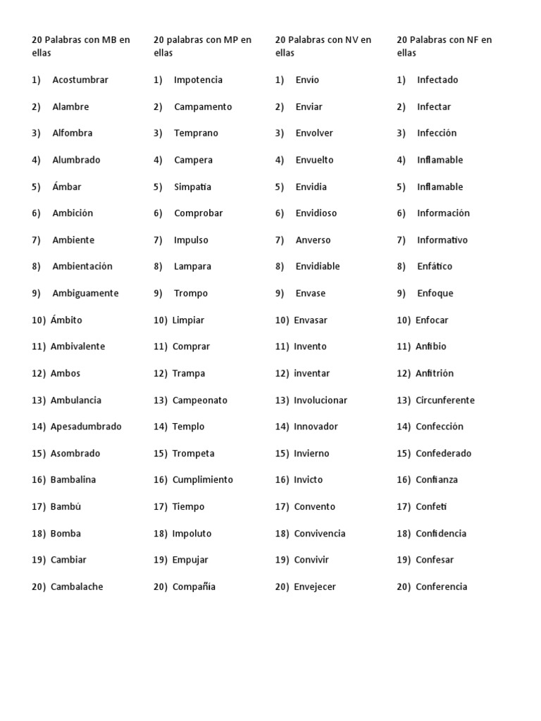 20 Palabras que Contienen "MB" | PDF | Libros para adolescentes
