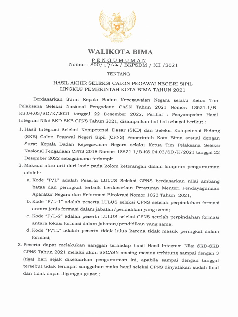 Hasil SELEKSI CPNS KOTA BIMA 2021 | PDF