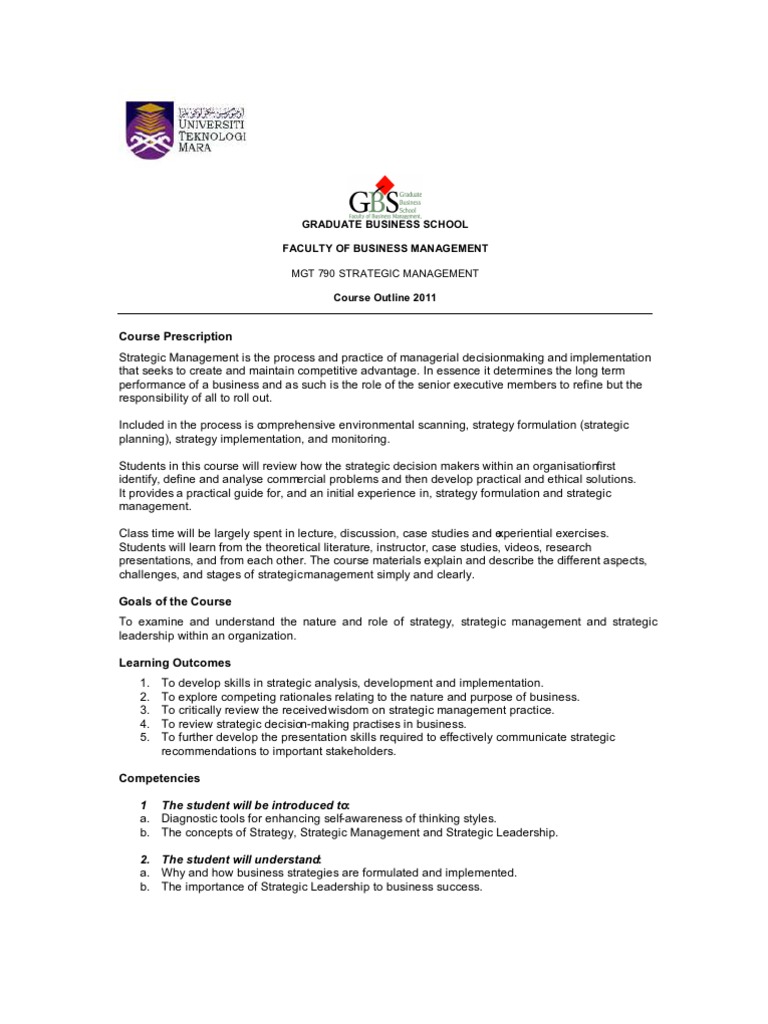 MGT 790 Strategic Management Syllabus 2011 | PDF | Strategic Management ...