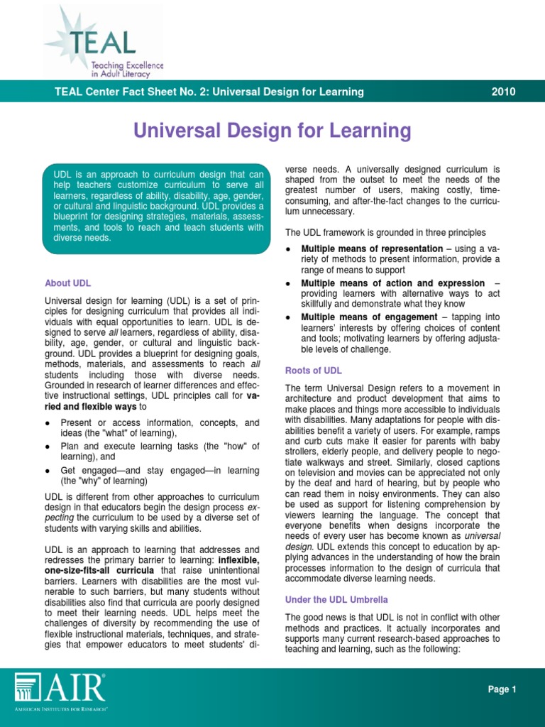 TEAL Center Fact Sheet No. 2: Universal Design For Learning 2010 | PDF ...