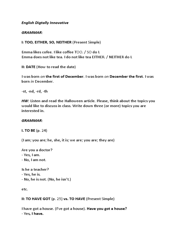 I: TOO, EITHER, SO, NEITHER (Present Simple) : English Digtally ...