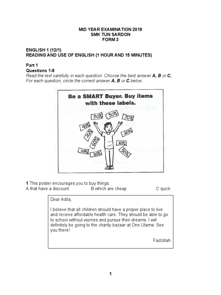 Form 3 Mid Year Examination 2019 (English Paper 1) | PDF | Money | Foods