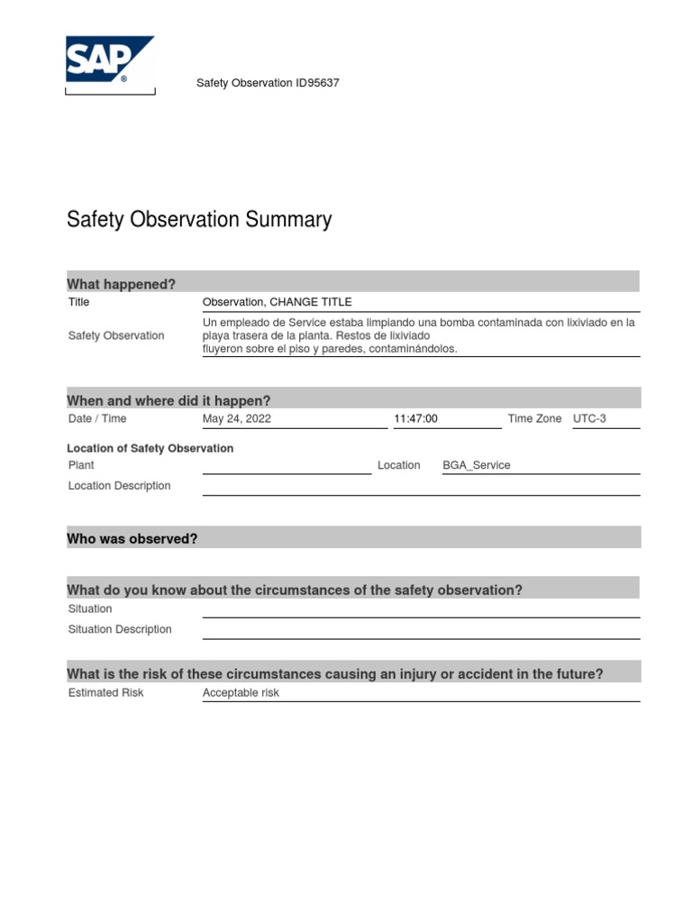 Safety Observation Summary: What Happened? | PDF