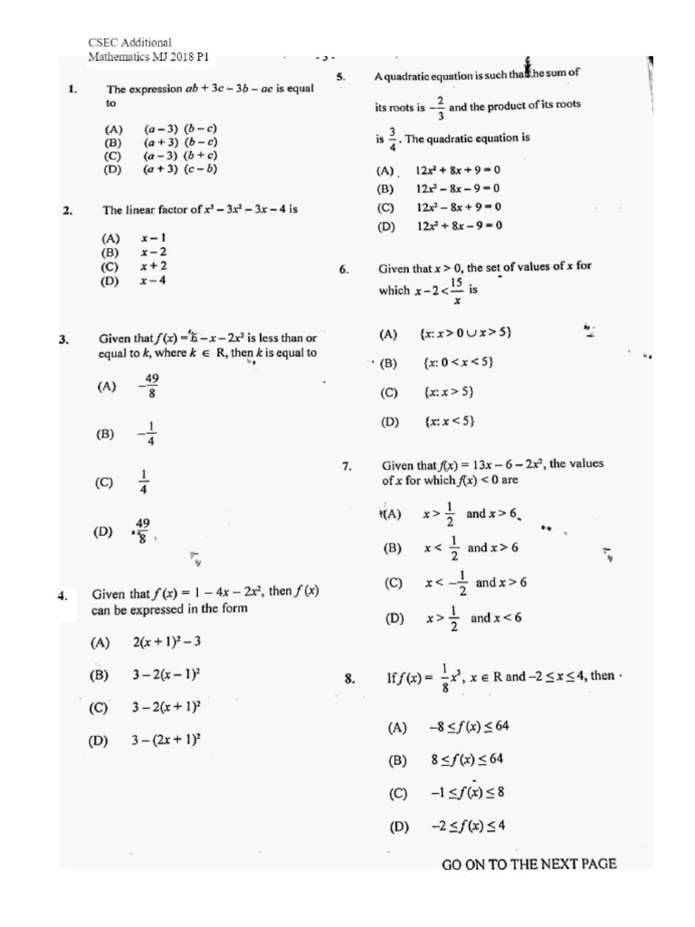 CSEC Additional Mathematics June 2018 Paper 01 | PDF