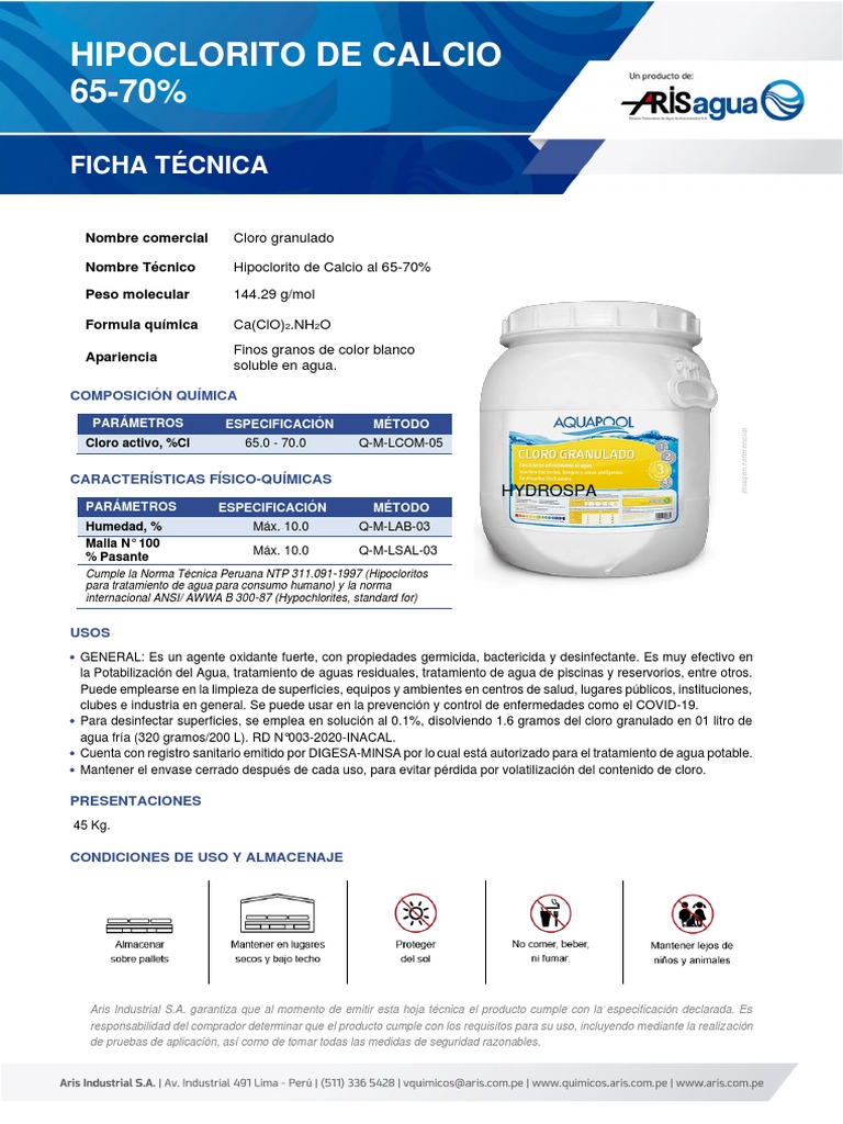 Ficha Tecnica 45KG Cloro Granulado Aquapool.. | PDF | Agua | Cloro