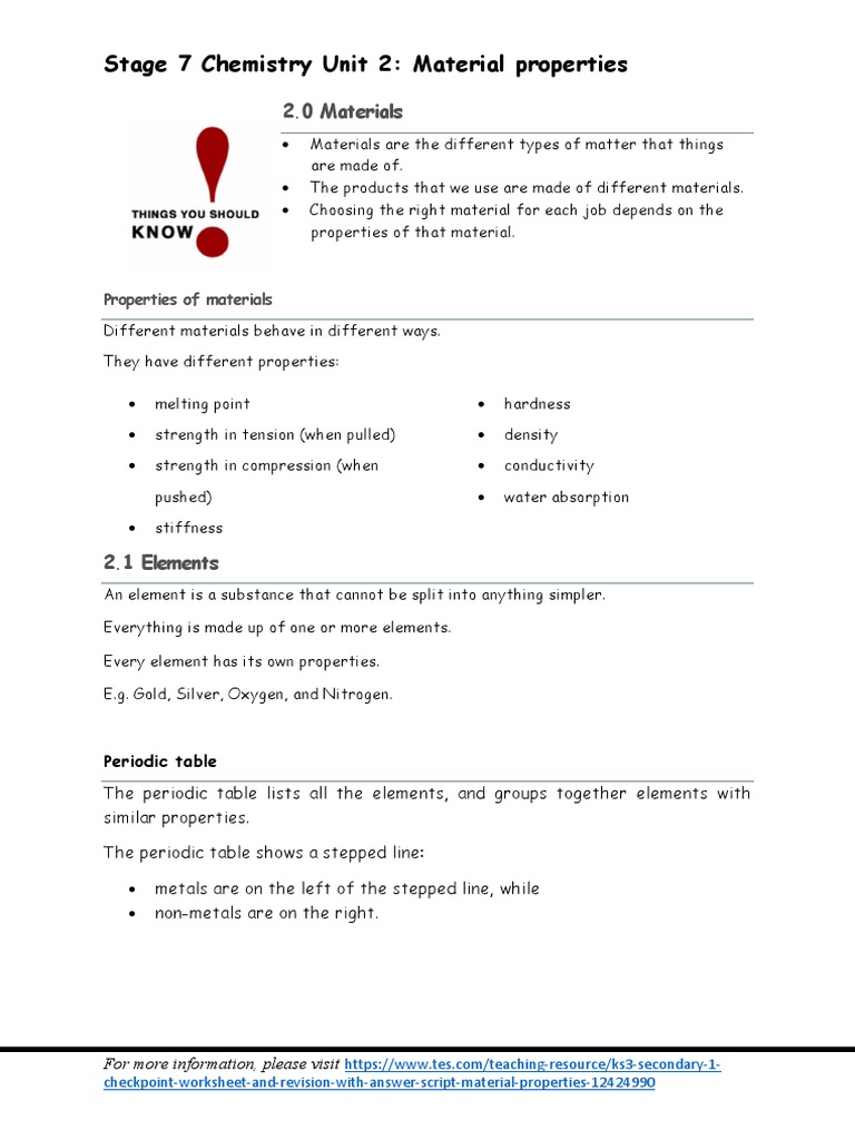 Year 7 Unit 2 Material Properties (Note) | PDF | Alloy | Metals