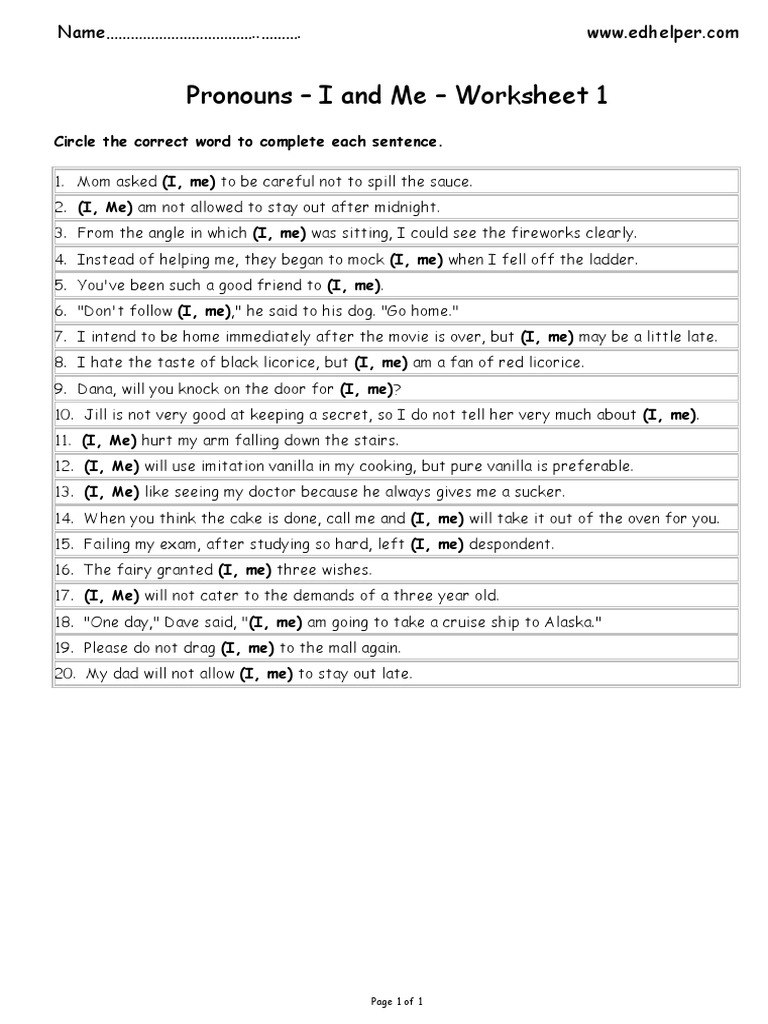 Edhelper Pronouns - I and Me - Worksheet 1 | PDF
