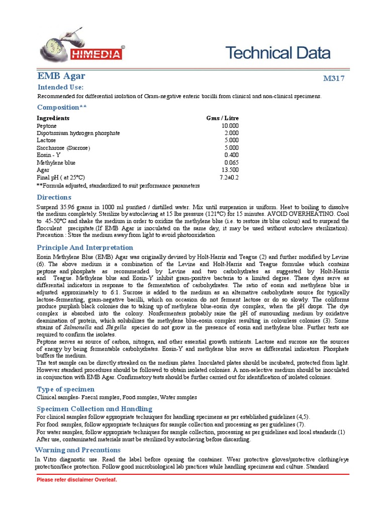 EMB Agar: Composition Intended Use | PDF | Growth Medium | Microbiology