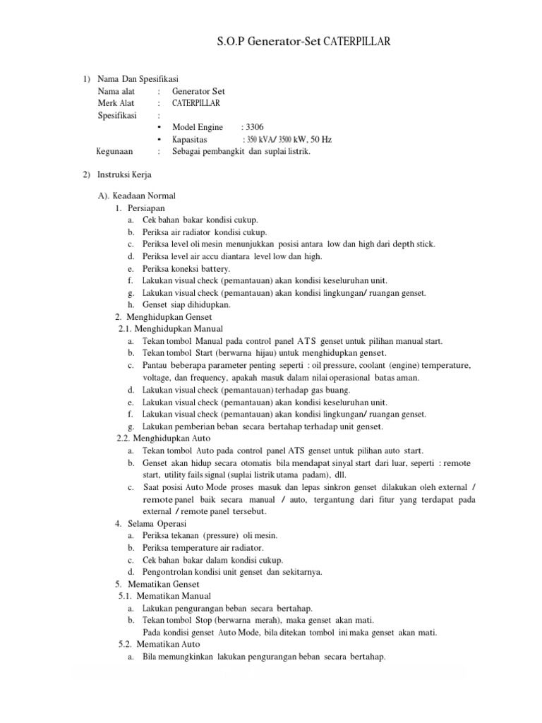 SOP Genset CAT | PDF