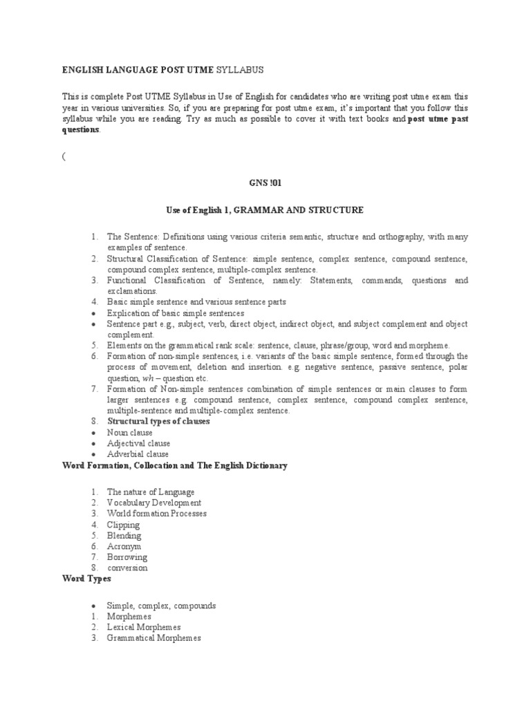 Complete Post UTME Syllabus for English Language | PDF | Word ...