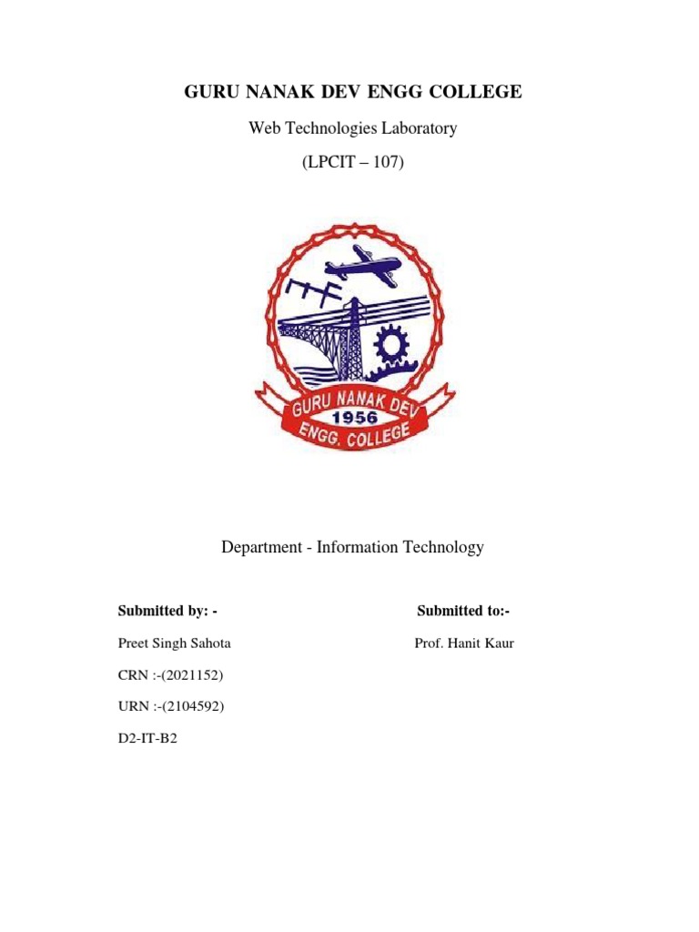 Guru Nanak Dev Engg College: Web Technologies Laboratory (LPCIT - 107) | PDF | World Wide Web ...