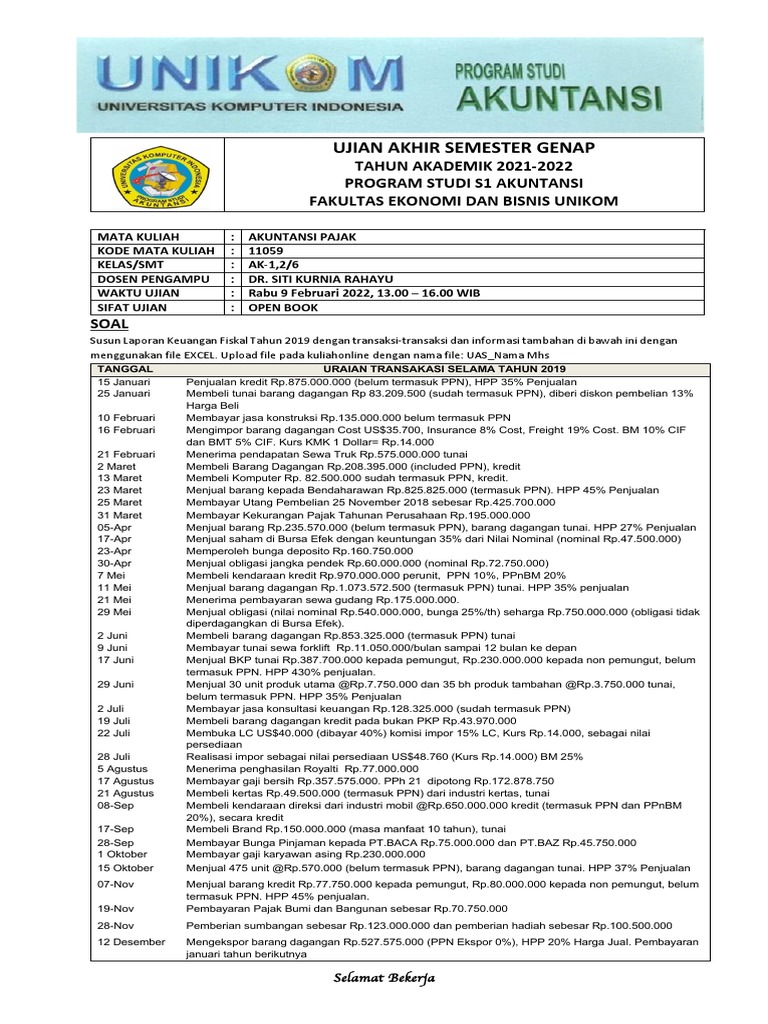 Soal Uas Akt Pajak (Ta21-22) | PDF | Pengelolaan Keuangan & Uang
