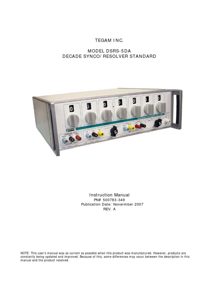 Tegam Inc. Model Dsrs-5Da Decade Synco/Resolver Standard: Instruction ...