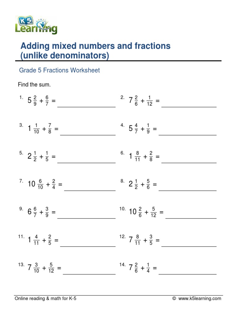 Grade-5-Adding-Fractions-Mixed-Numbers-Unlike A-E | PDF | Naming Conventions | Encodings